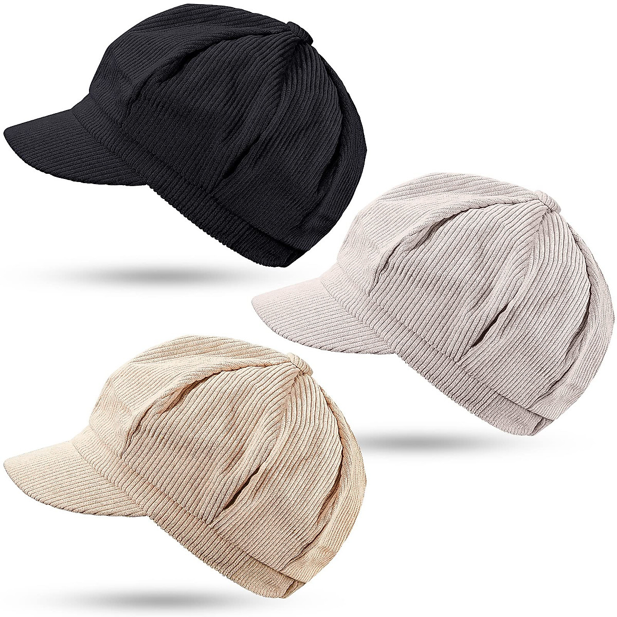 3 Pieces Women Newsboy Cap Winter Beret Cap Cabbie Painter Hat 8 Panel Vintage Octagonal Visor Hats (Black, Beige, Gray)
