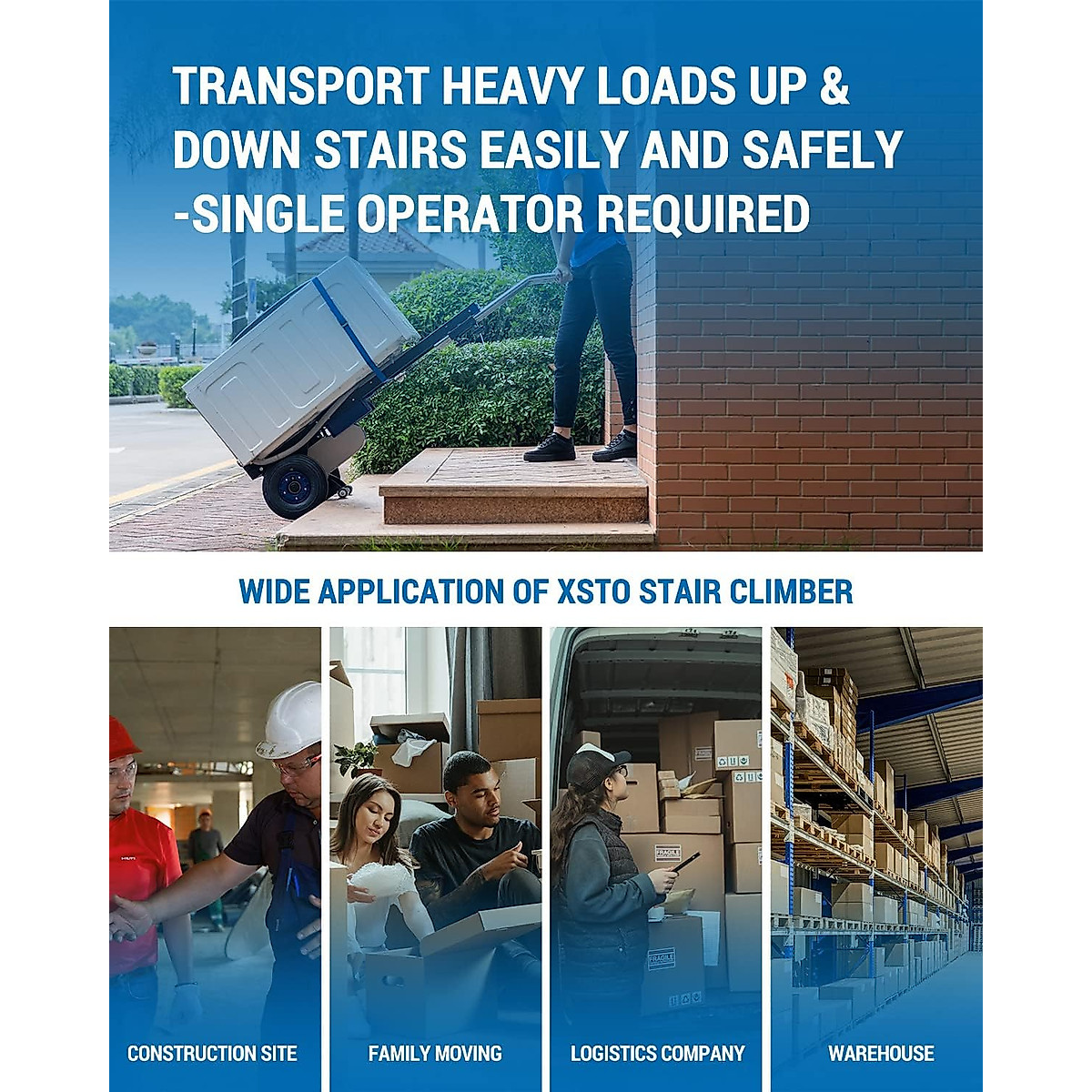 XSTO Electric Stair Climber, 375lbs Load Capacity Aluminum Stair Climbing Dolly Cart, 1200W Peak Power Motor Electric Dolly, Powered Hand Trucks with Ergo Telescoping Handle & Pneumatic Wheels