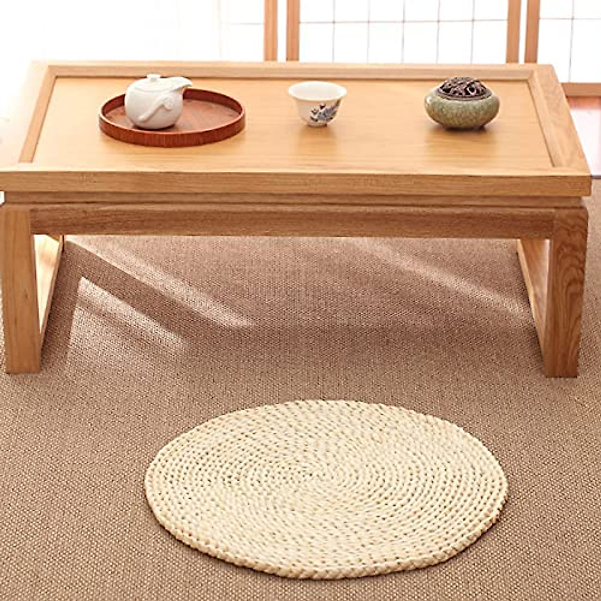 NUZYZ Rattan Floor Cushion, Rattan Placemat Anti-Skidding Heat Resistant Not Easy Deform Braided Straw Table Mat for Home Jute Yellow 30cm
