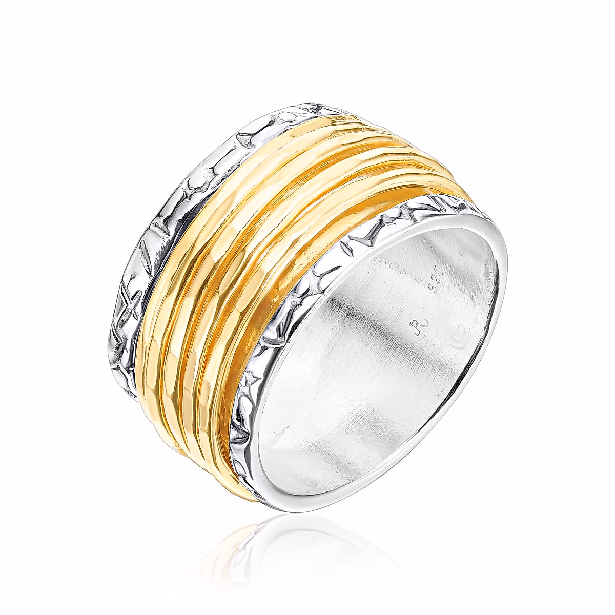 925 Sterling Silver Rotating Spinner Ring with 5 One Micron 14K Gold Plated Sterling Silver Hammered Spinner Rings - Hypoallergenic, Nickel & Lead-free - Artisan Handcrafted Designer Collection