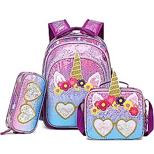 Robhomily Unicorn Sequins Girls Backpack with Lunch Box Set for Elementary School,17 inch Sparkly Bling School Backpack for Girls with Lunch Bags Set
