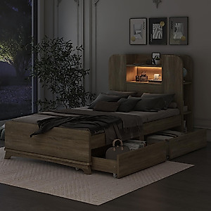 HoRunzelin Twin Size Platform Bed with Storage Bookcase Headboard,2 Drawers and LED Light,Wooden Bed Frame with Bookshelf Shelves for Kids Boys Girls, Natural