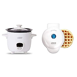 Dash DRCM200GBWH04 Mini Rice Cooker Steamer with Removable Nonstick Pot, White & DMW001WH Machine for Individual, Paninis, Hash Browns, & other Mini waffle maker, 4 inch, White