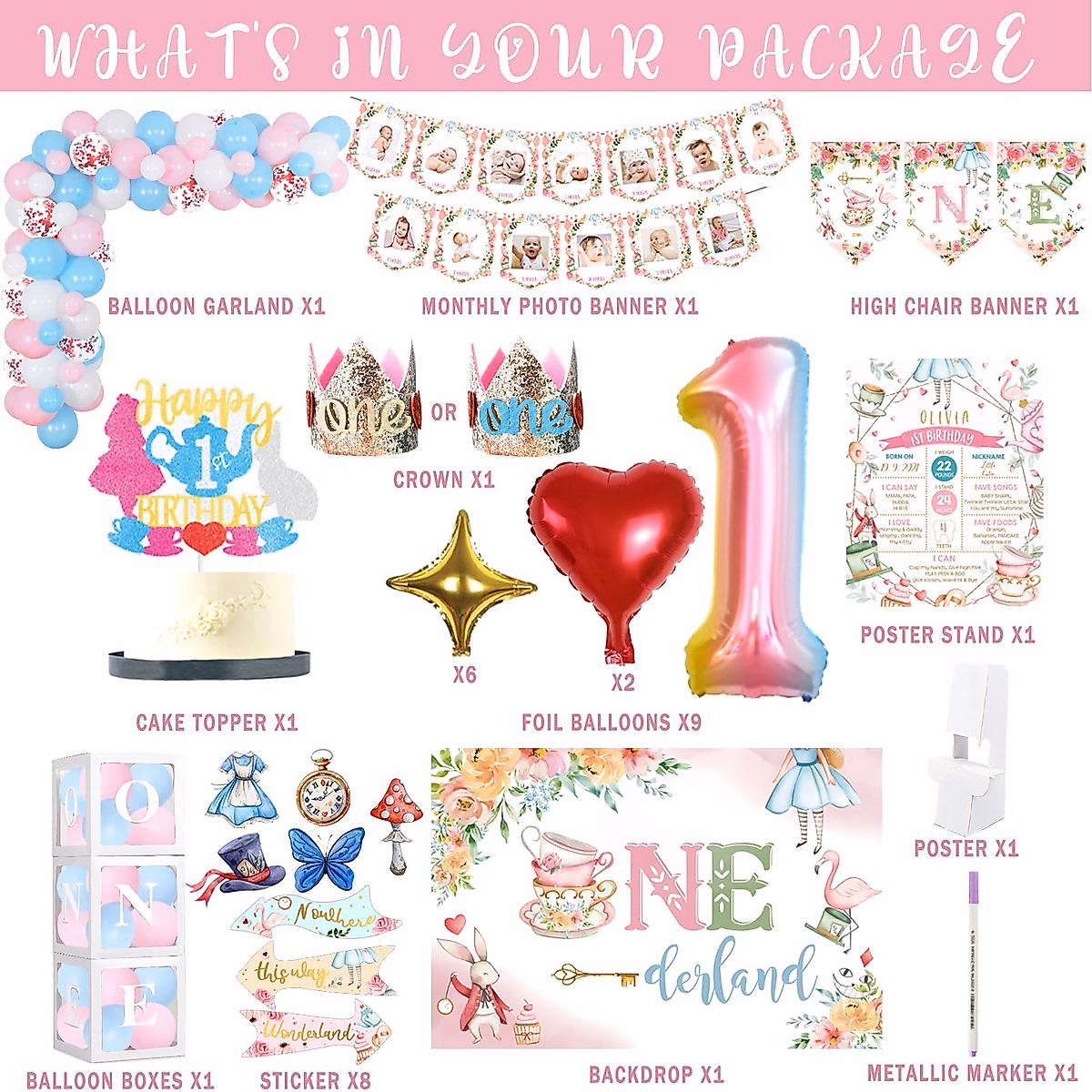 138 PCs Alice in Wonderland 1st Birthday Party Decorations, Hombae Alice in Onederland First Backdrop Balloon Garland Arrow Sign Monthly Photo Highchair Banner Box Cutout Cake Topper Crown Poster