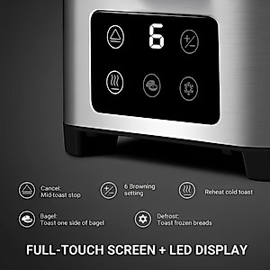 Bread Toaster 2 Slice w/LED Display & 6 Browning Setting - Full Touch Screen Toaster Oven - Stainless Steel Toaster Touchscreen - Fast Digital Toaster Oven with 2 Slice Toaster for Bagels & Breads