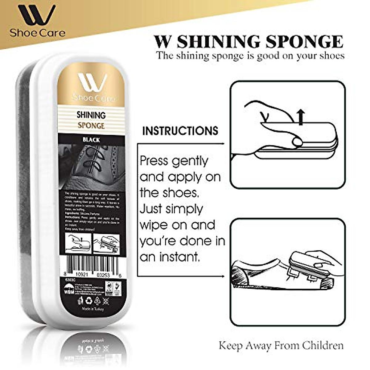 W Shoe Care Premium Quality Black Shoe Shine Sponge,Shining Luxury Leather, 11ml