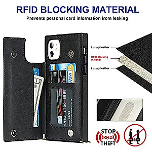 DEFBSC Compatible with iPhone 12 iPhone 12 Pro Case, Crossbody Wallet Case, Adjustable Detachable Lanyard Neck Strap with Kickstand Leather Card Holder Protective Cover-Black