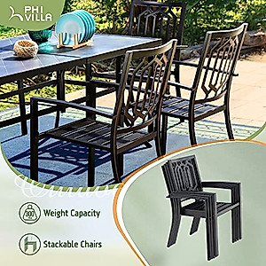 PHI VILLA Patio Dining Set Outdoor Table and Chairs Furniture Set 7 Piece, Large 60.2" Rectangle Bistro Table with Umbrella Hole and 4 Backyard Garden Chairs Support 300LBS for Deck, Lawn, Garden