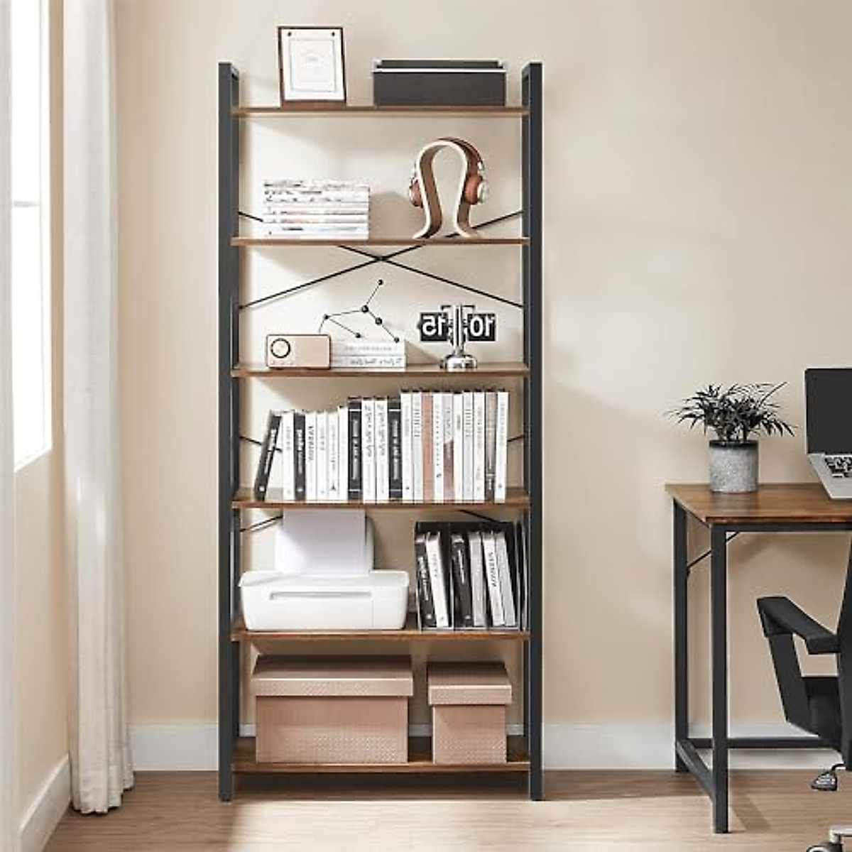 Fancial 6-Tier Tall Bookshelf, Large Bookcase with Steel Frame, Deep Book Shelf for Living Room, Home Office, Study, 11.8 x 31.5 x 73.2 Inches, Industrial Style, Rustic Brown and Black