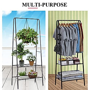 KAREZONINE Clothing Rack, Heavy Duty Clothes Rack Portable Garment Rack with 2-Tier Shelves, Double Rod Metal Coat Rack Freestanding with Bottom Shelves for Shoes Rack Organizer - Black