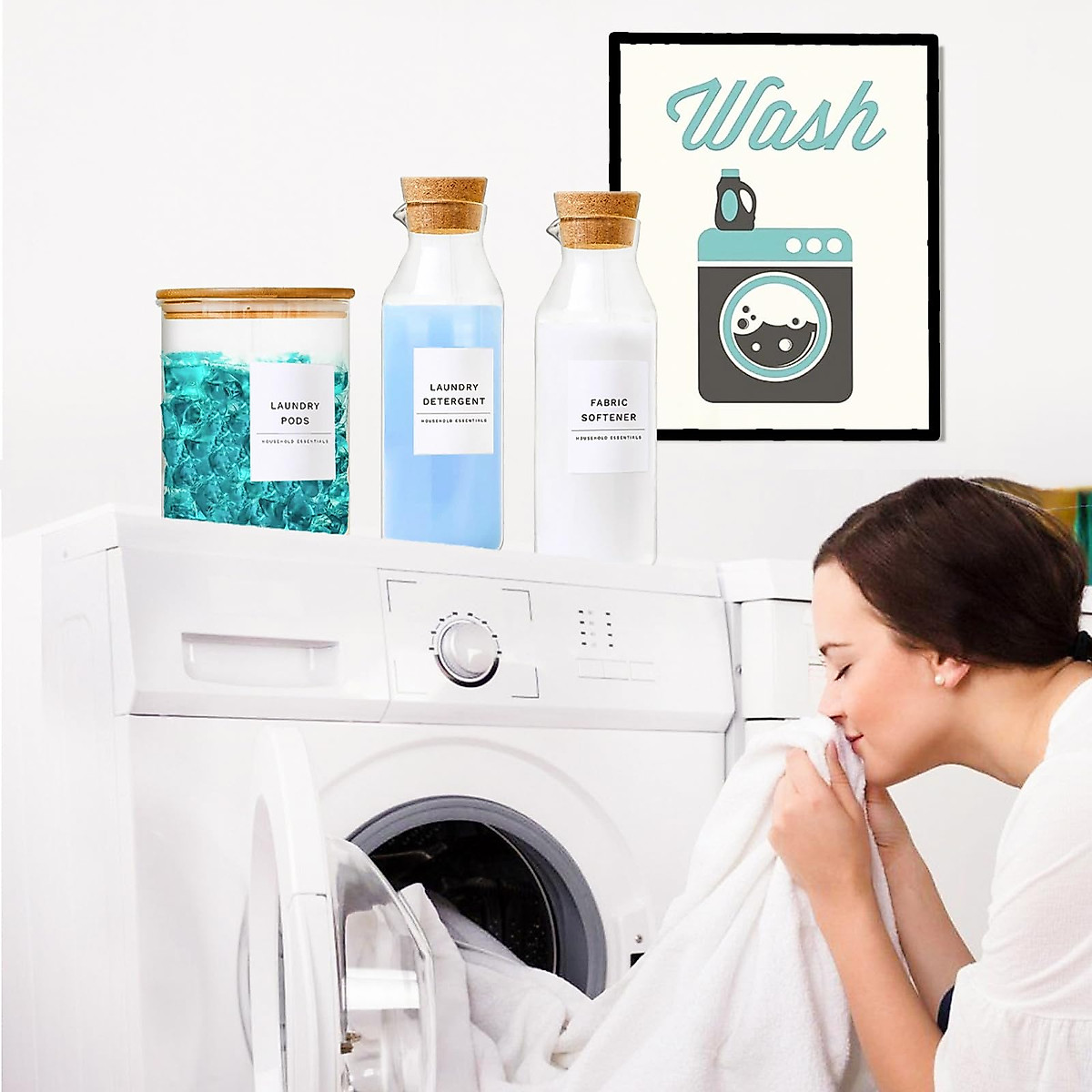 Glass Laundry Detergent Dispenser Set, Fabric Softener Dispenser, 3 Pack Laundry Detergent Jar & Laundry Bottles, Liquid Detergent Containers, Scent Booster & Bleach Dispenser for Laundry Room