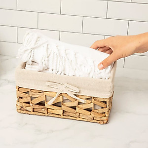 Natural Hyacinth Wicker Storage Baskets, Set Of 3 Hand Woven Water Hyacinth Baskets for Living Room, Organizing Decorative, Woven Basket Organizer Bins with Detachable Lining, Large Medium Small