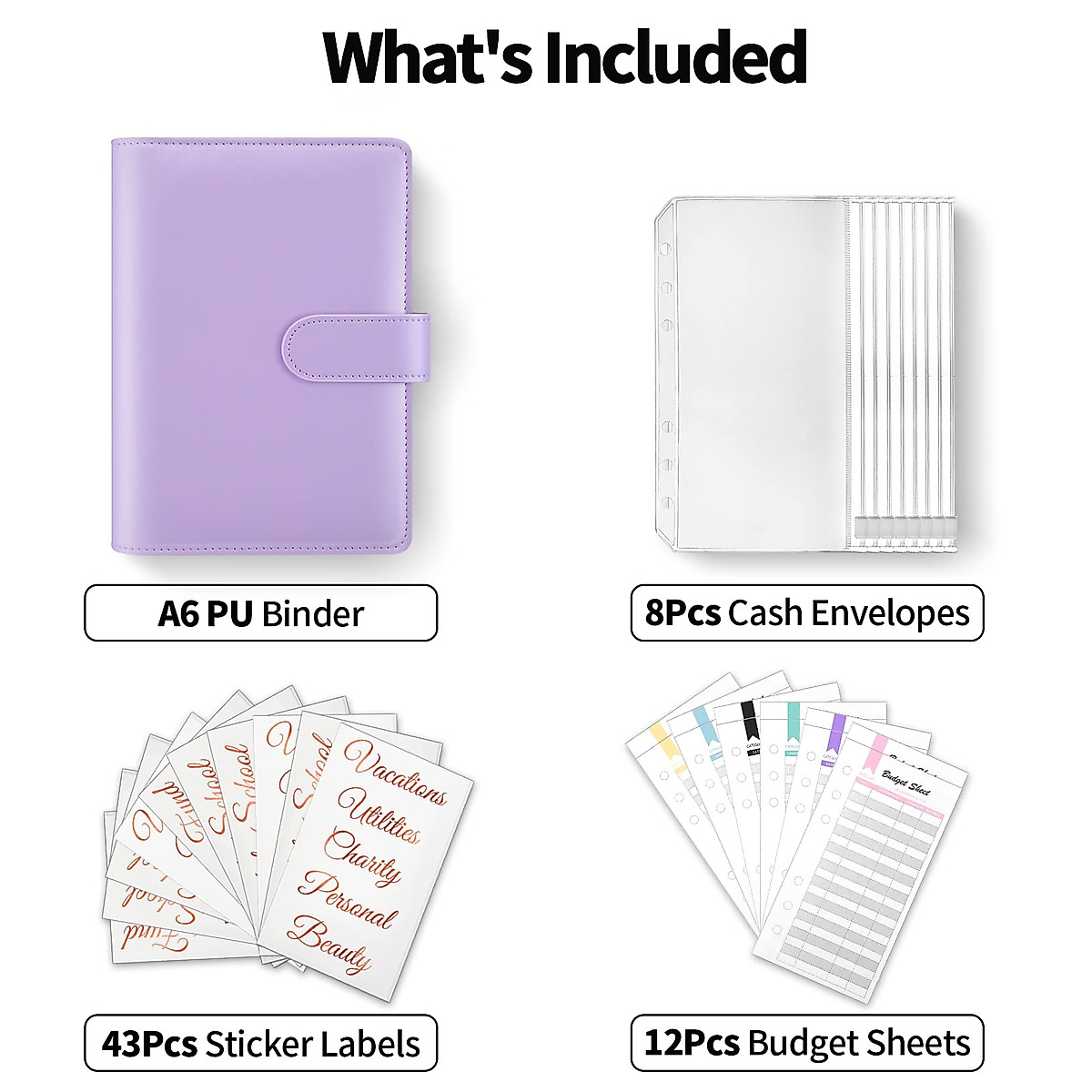 Sooez Money Organizer for Cash, A6 Budget Binder with Zipper Envelopes, Rose Gold Sticky Labels & Extra Thick Expense Sheets,Money Saving Binder Budget Book with Cash Envelopes for Budgeting, Purple