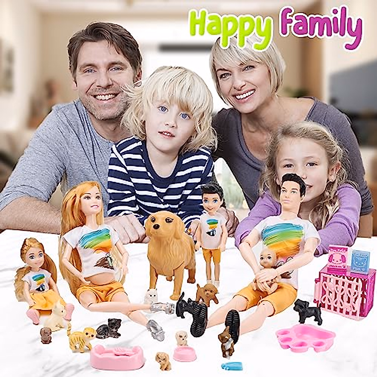 Family Dolls Set of 6 People with Dollhouse Pets Included Pregnant Mom Dad 3 Kids and Baby Boy in Mommy's Tummy, Doll Playsets and Accessories for 3-12 Years Old Toddlers Gift