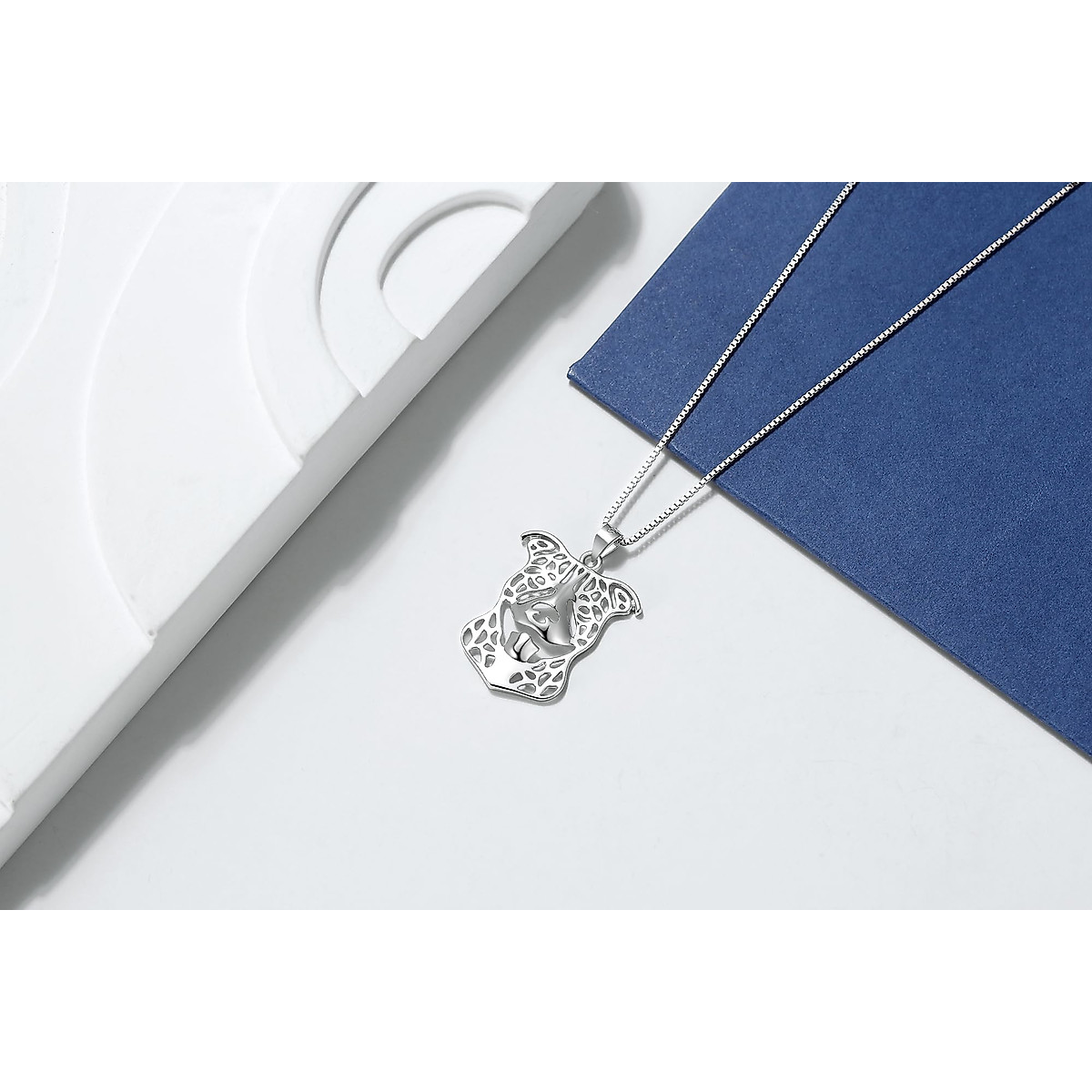 Pit Bull Dog Sterling Silver Necklace by Ginger Lyne Ears Down Puppy Dog Pet Pendant Box Chain Doggie Animal Paw Print Heart Jewelry for Pit Mom