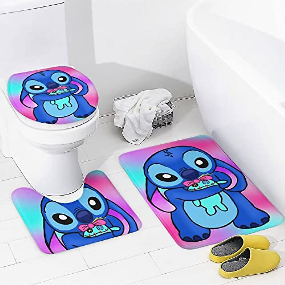 fmsnupz Cartoon Shower Curtain 4PCS Set, Cute Bathroom Decor with Non-Slip Rugs, Toilet Lid Cover and Bath Mat, Waterproof Fabric Shower Curtains with 12 Hooks, 70.8"x70.8"
