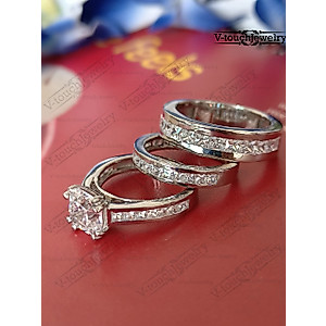 V Touch 14K White Gold Plated 925 Sterling Sliver 3 Piece Wedding His Engagement & Her Band Rings Sets Cushion & Princess Cut Created Diamond for Couple Mens and Women Trio Ring Set