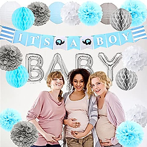 Elephant Baby Shower Decorations for Boy Blue and Sliver, It's A Boy Banner Paper Lantern Paper Pom Poms Flower Honeycomb Balls For Elephant Themed Baby Shower Decor