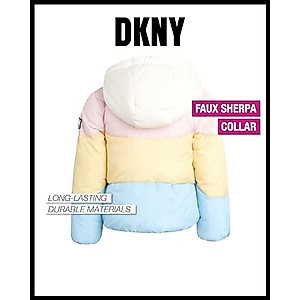 DKNY Infant Toddler Baby Girls' Winter Jacket - Fleece Lined Quilted Bubble Puffer Parka Coat for Girls (Sizes:12M-4T), Size 4, Cream/Pink/Yellow/Powder Black