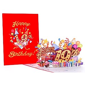 iGifts And Cards Happy 19th Red Birthday 3D Pop Up Greeting Card – Awesome 19 Birthday Card Son, Daughter, Turning Nineteen Birthday Gift Granddaughter, Grandson, Unique Present, 5" X 7"