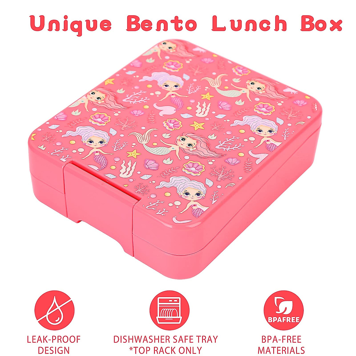 Bento Lunch Box Set for Kids with 10oz Soup Thermo, Leak-Proof Lunch Containers with 4 Compartment, Kids Thermo Hot Food Jar and Insulated Lunch Bag for Kids to School,BPA-Free(Mermaid)