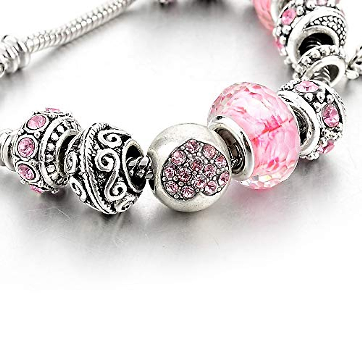 Long Way Silver Tone Chain Pink Crystal Love Heart Bead Glass Charm Bracelet With Extender 7.5"+1.5" … (201)