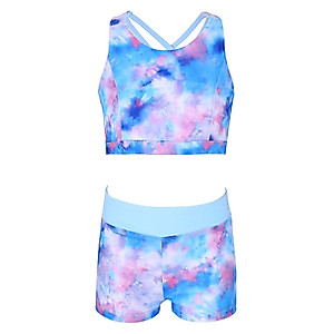 Moily Girls Gymnastics/Dance/Sports Two Piece Outfit Criss Cross Back Crop Top with Booty Shorts Swimwear azure 5-6