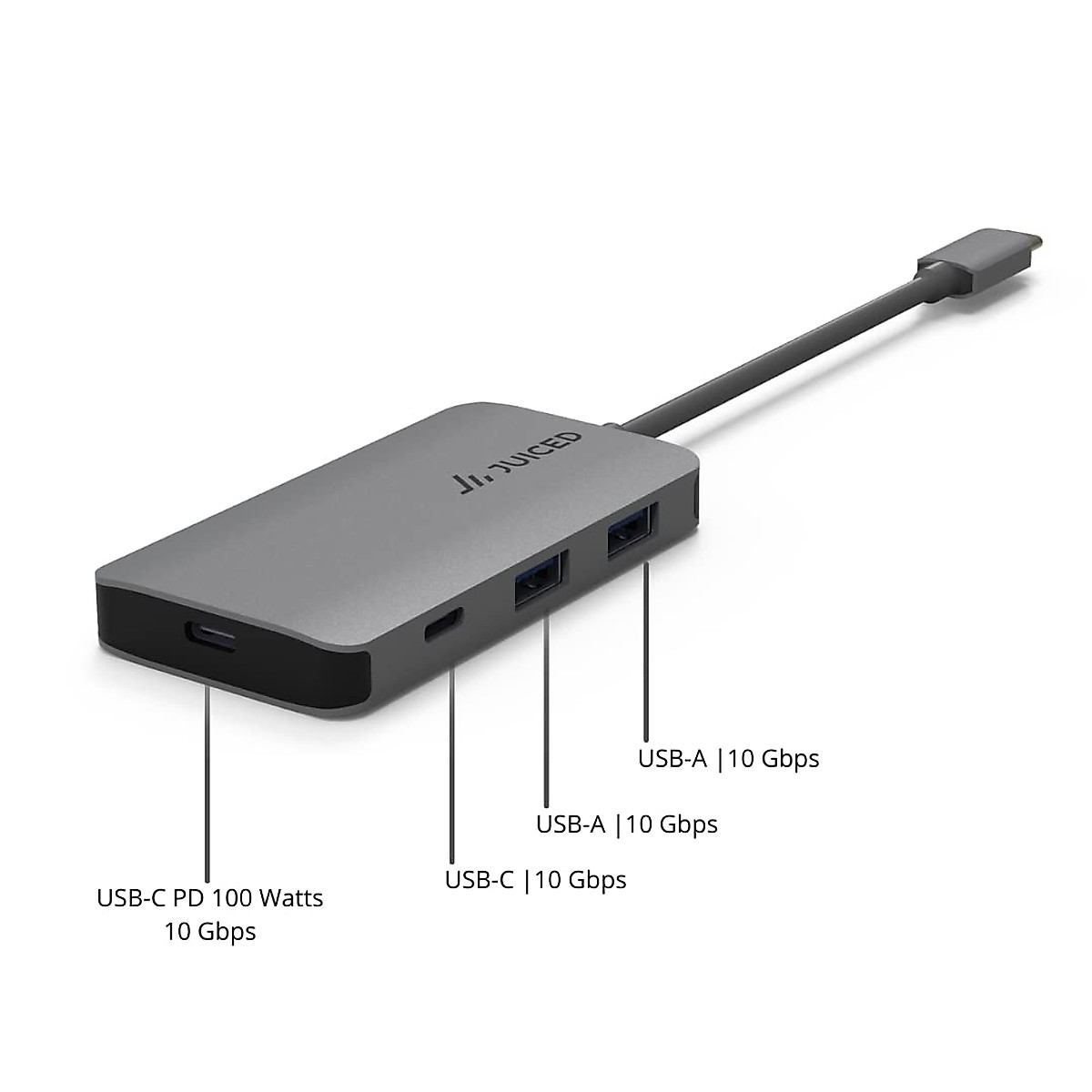 Juiced Systems QuadHUB Power - USB-C Generation 2 10Gbps 100 Watt Power Delivery Hub - 2X USB-C 10Gbps Ports - 2X USB-A 10 Gbps Ports