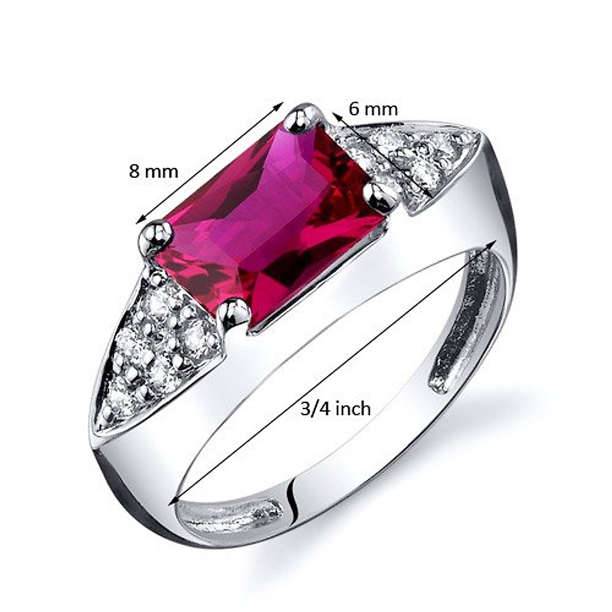 PEORA Created Ruby Statement Ring in Sterling Silver, Elegant Linear Design, 2 Carats Radiant Cut, 8x6mm, Comfort Fit, Size 8
