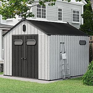 Jolydale 10'x8' Resin Outdoor Storage Shed - Secure Bike, Tool, & Garbage Can Storage with Lockable Door for Backyard, Lawn, & Patio Use
