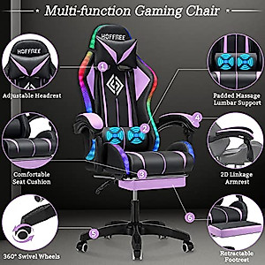 Gaming Chair with Bluetooth Speakers and LED RGB Lights Ergonomic Massage Computer Gaming Chair with Footrest High Back Music Video Game Chair with Lumbar Support Purple and Black