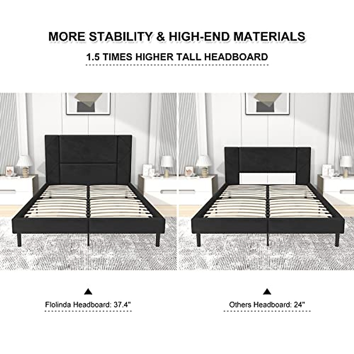 Flolinda Queen Bed Frame, Upholstered Bed Frame Queen Size with Tufted Velvet Headboard, Mattress Foundation, Strong Wood Slat Support Double Bed Frame, No Box Spring Needed, Easy Assembly,Black