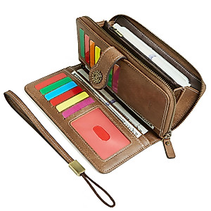 TFKGS Wallet for Women RFID Blocking Leather Large Capacity Card Holder Ladies Phone Clutch Travel Long Purse Wristlet Brown