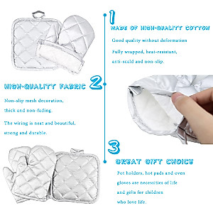 DOERDO 3 Pack Kid Oven Mitts for Children Heat Resistant Kitchen Mitts and Hot Pads, Great for Cooking Baking, Age 4-12 (7"x4.7", Silver)