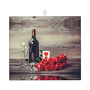 Red Wine Rose Printed Drying Mat For Kitchen Ultra Absorbent Microfiber Dishes Drainer Mats Non-Slip Silicone Quick Dry Pad - 18 X 16inch