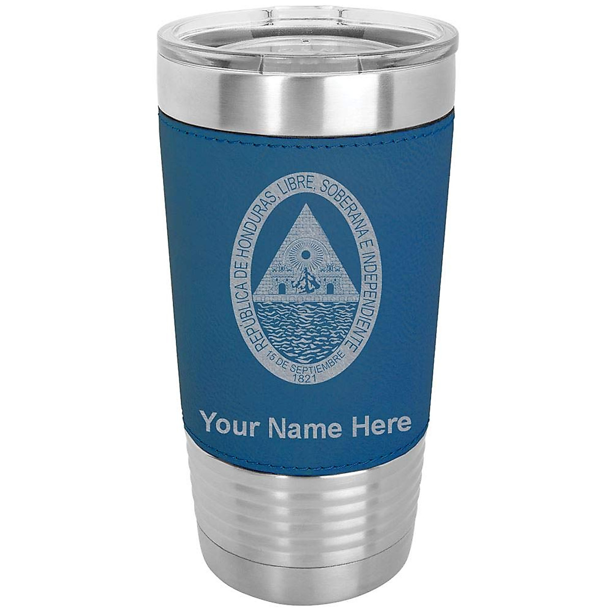 LaserGram 20oz Vacuum Insulated Tumbler Mug, Flag of Honduras, Personalized Engraving Included (Faux Leather, Blue)
