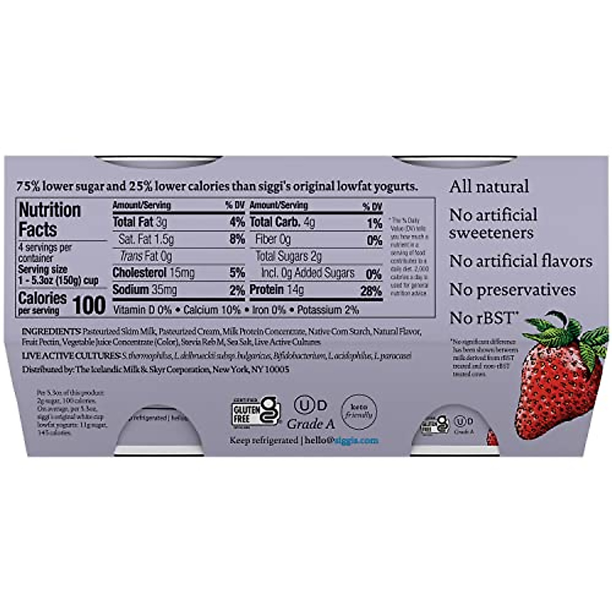 Siggi's, Lower Sugar Strawberry Yogurt 4 Count, 5.3 Ounce