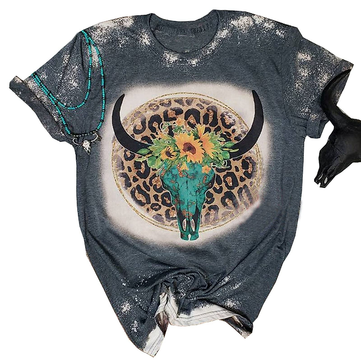 Wild Soul Bleached Shirt Women Vintage Western T-Shirt Boho Cow Skull Rodeo Shirt Leopard Bull Skull Bleached T-Shirt (Grey, L)