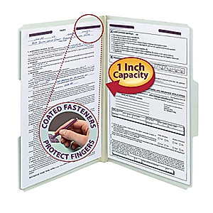 Smead Pressboard Fastener File Folder with SafeSHIELD Fasteners, 2 Fasteners, 1/3-Cut Tab, 1" Expansion, Legal Size, Gray/Green, 25 per Box (19931)