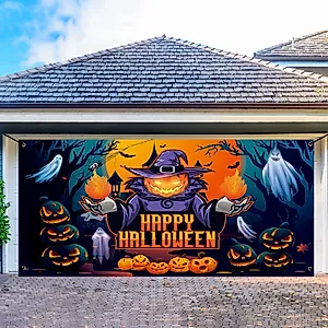 Trgowaul Happy Halloween Decorations, Happy Halloween Garage Door Decorations, Large Halloween Pumpkin Ghost Banner Backdrop, Halloween Outdoor Party Supply Photography Background Sign Poster 6x13ft