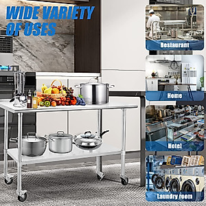 Chingoo Stainless Steel Table with Wheels 24 x 60 Inches Metal Prep Table with Backsplash & Adjustable Undershelf, Stainless Table for Commercial Kitchen, Outdoor, Restaurant, Hotel & Garage