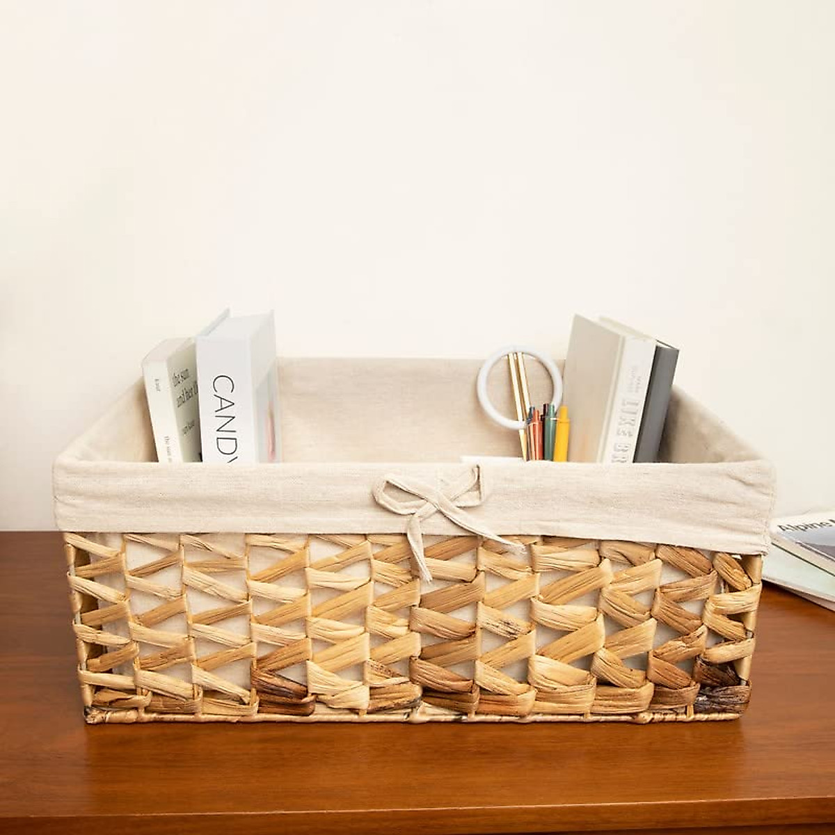 Natural Hyacinth Wicker Storage Baskets, Set Of 3 Hand Woven Water Hyacinth Baskets for Living Room, Organizing Decorative, Woven Basket Organizer Bins with Detachable Lining, Large Medium Small