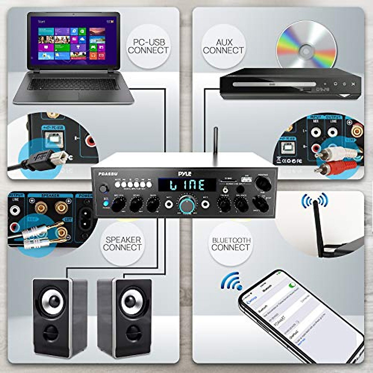 Pyle Wireless Bluetooth Power Amplifier System - 200W Dual Channel Sound Audio Stereo Receiver w/ USB, SD, AUX, MIC w/ Echo, Radio, LCD - For Home Theater Entertainment via RCA, Studio Use - PDA6BU.6