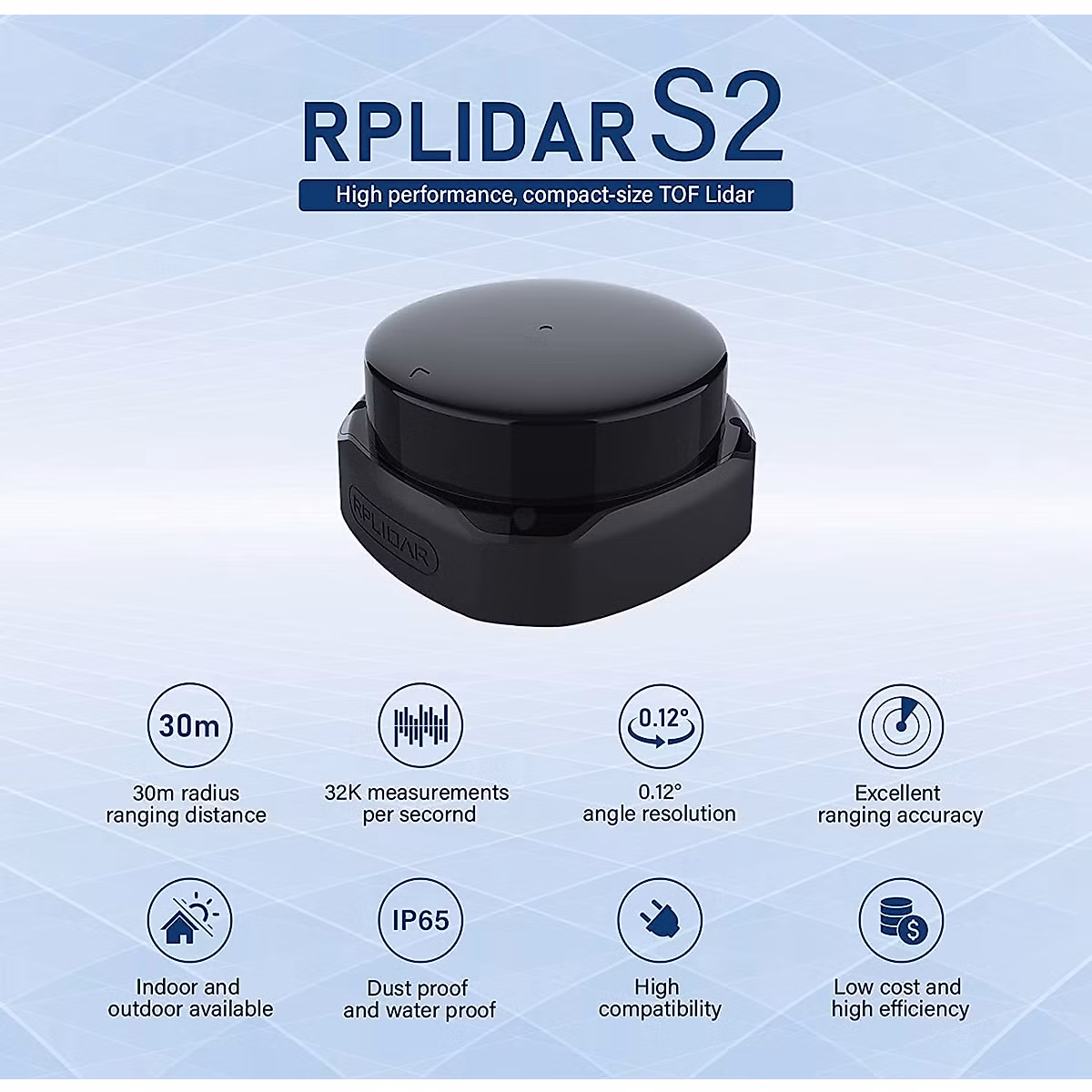Seeed Studio RPLiDAR S2 Low Cost 360 Degree DTOF Laser Range Scanner, Lidar Scanner with 30 Meter Radius Ranging Distance, and 0.12° Angle Resolution, IP65-Rated for Indoor/Outdoor Use.