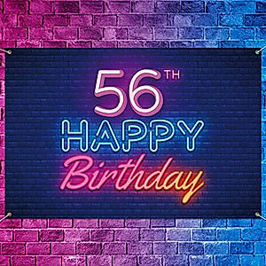Glow Neon Happy 56th Birthday Backdrop Banner Decor Black – Colorful Glowing 56 Years Old Birthday Party Theme Decorations for Men Women Supplies