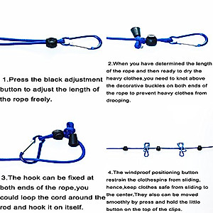 Travel Clothesline,4m/13ft Portable Retractable Adjustable Clothes Line Rope with 1 Waterproof Bag, 12 Clothespins, 13 Anti-Skid Clips for Outdoor and Indoor(Blue)