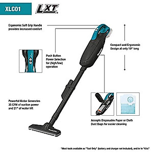 Makita XLC01ZB 18V LXT Lithium-Ion Cordless Vacuum, Tool Only