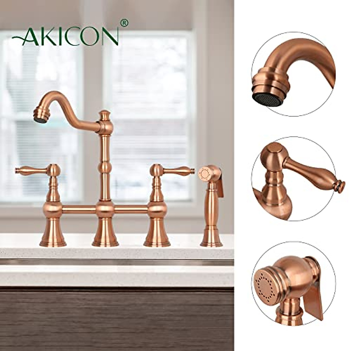 Two-Handles Copper Bridge Kitchen Faucet with Side Spray - 5 Years Warranty …