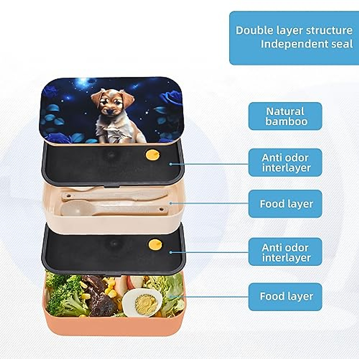 Puppy Blue Rose Adult Lunch Box, Bento Box, With Cutlery Set Of 3, 2 Compartments, Rectangular, Lunch Box For Adults