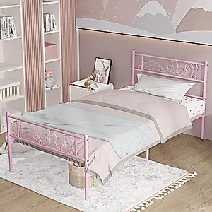 Weehom Twin Bed Frames Metal Platform Heavy Duty Steel Slat Under Bed Storage for Kids Pink